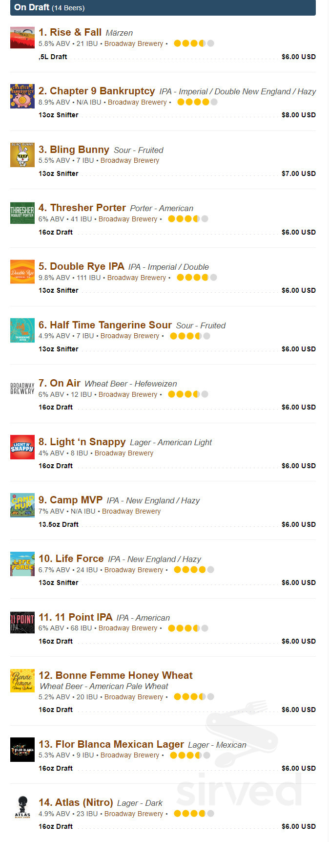 Menu - Columbia MO's Broadway Brewery | Sirved