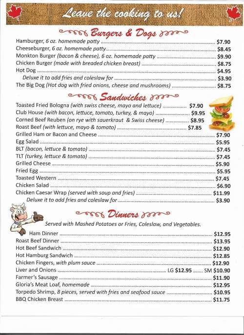 Monkton Diner menu in Monkton, Ontario, Canada