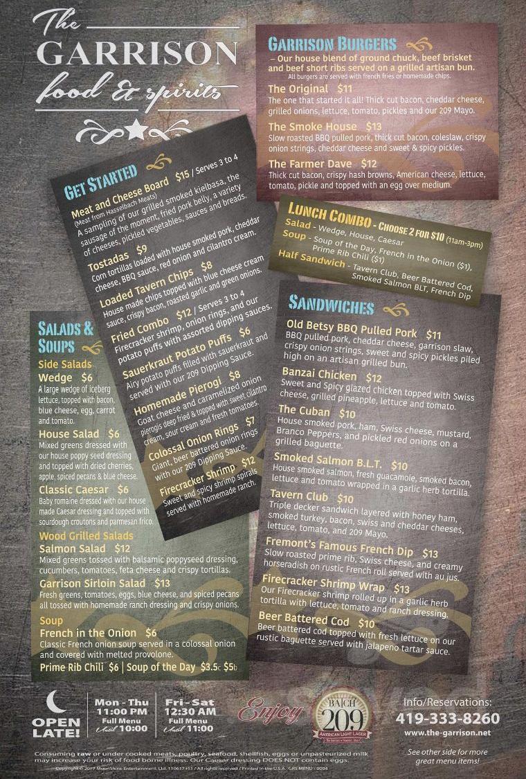 The Garrison menu in Fremont, Ohio, USA