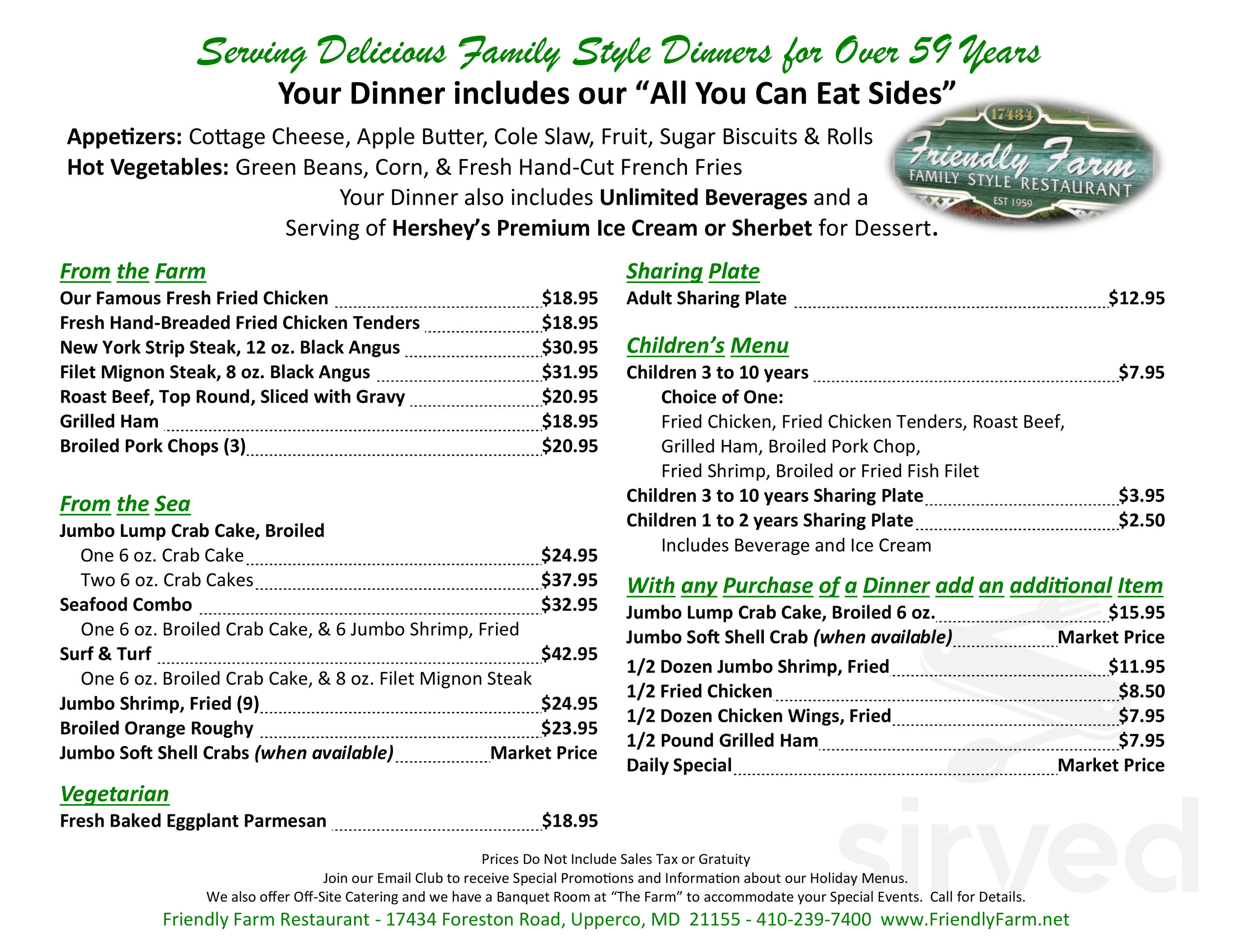 Friendly Farm Restaurant menu in Upperco, Maryland, USA