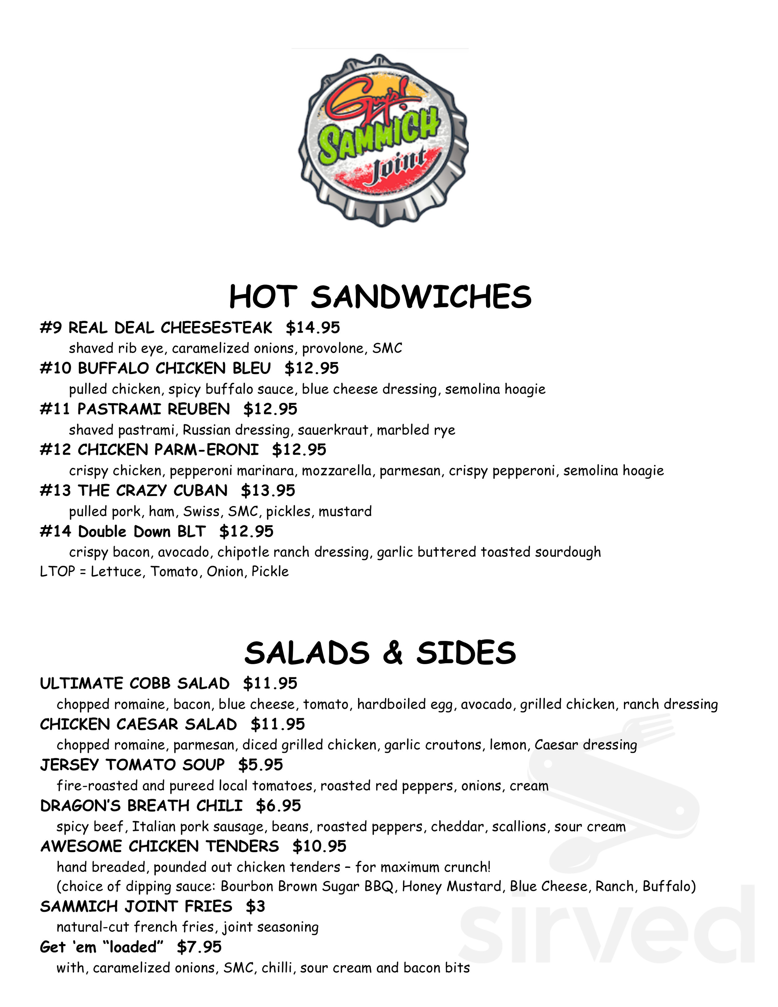 Guy's Sammich Joint menu in Atlantic City, New Jersey, USA