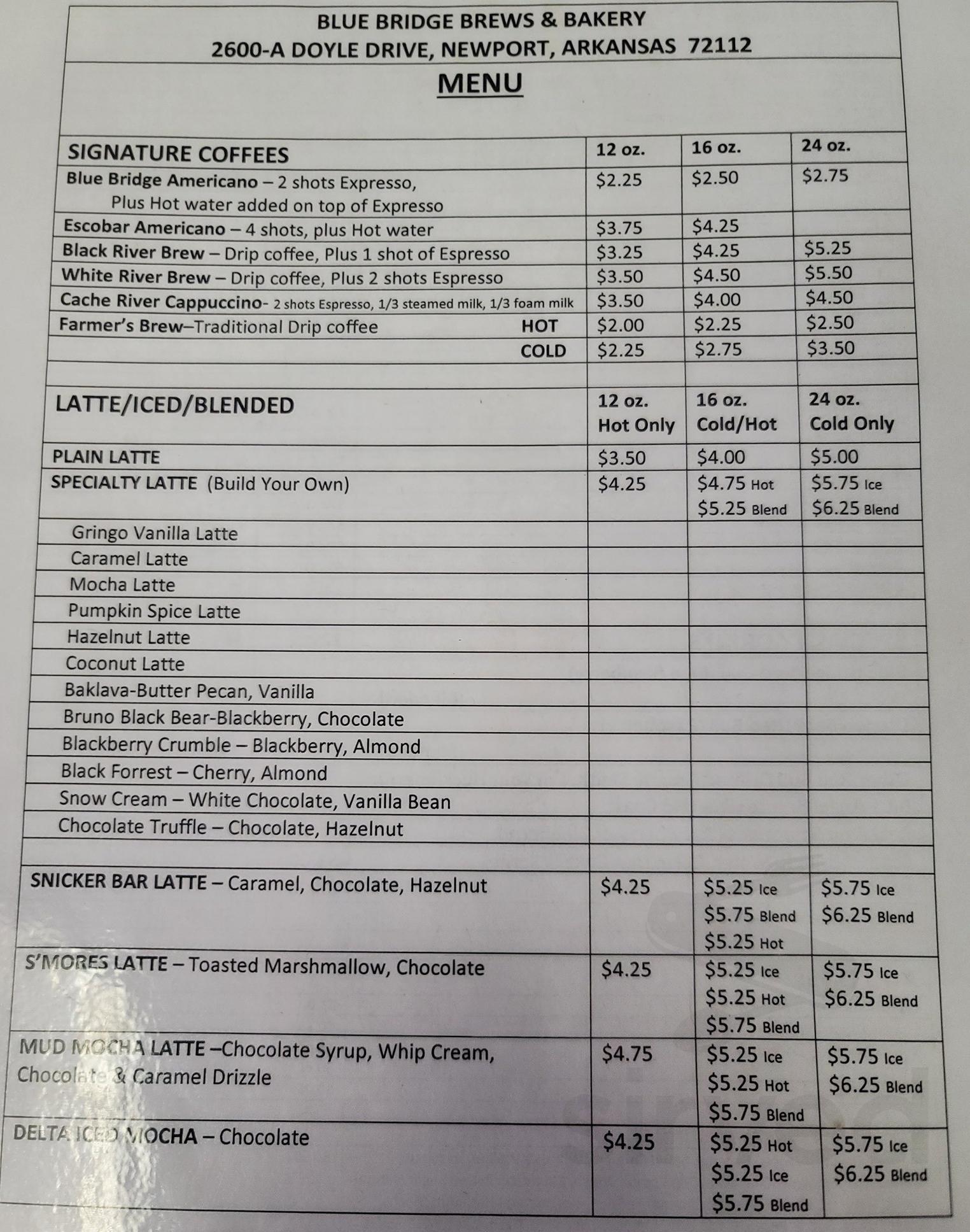 Blue Bridge Brews and Bakery menu in Newport, Arkansas, USA