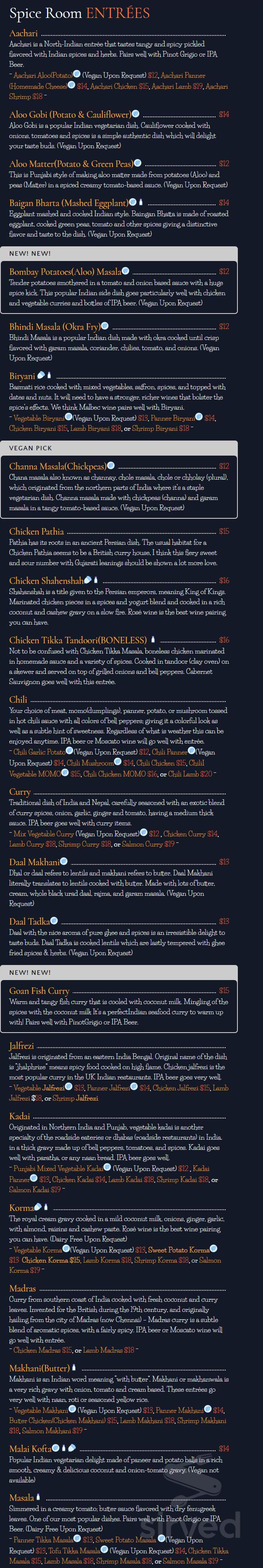 Menu - Denver CO's SPICE ROOM | Neighborhood Indian Bistro | Sirved
