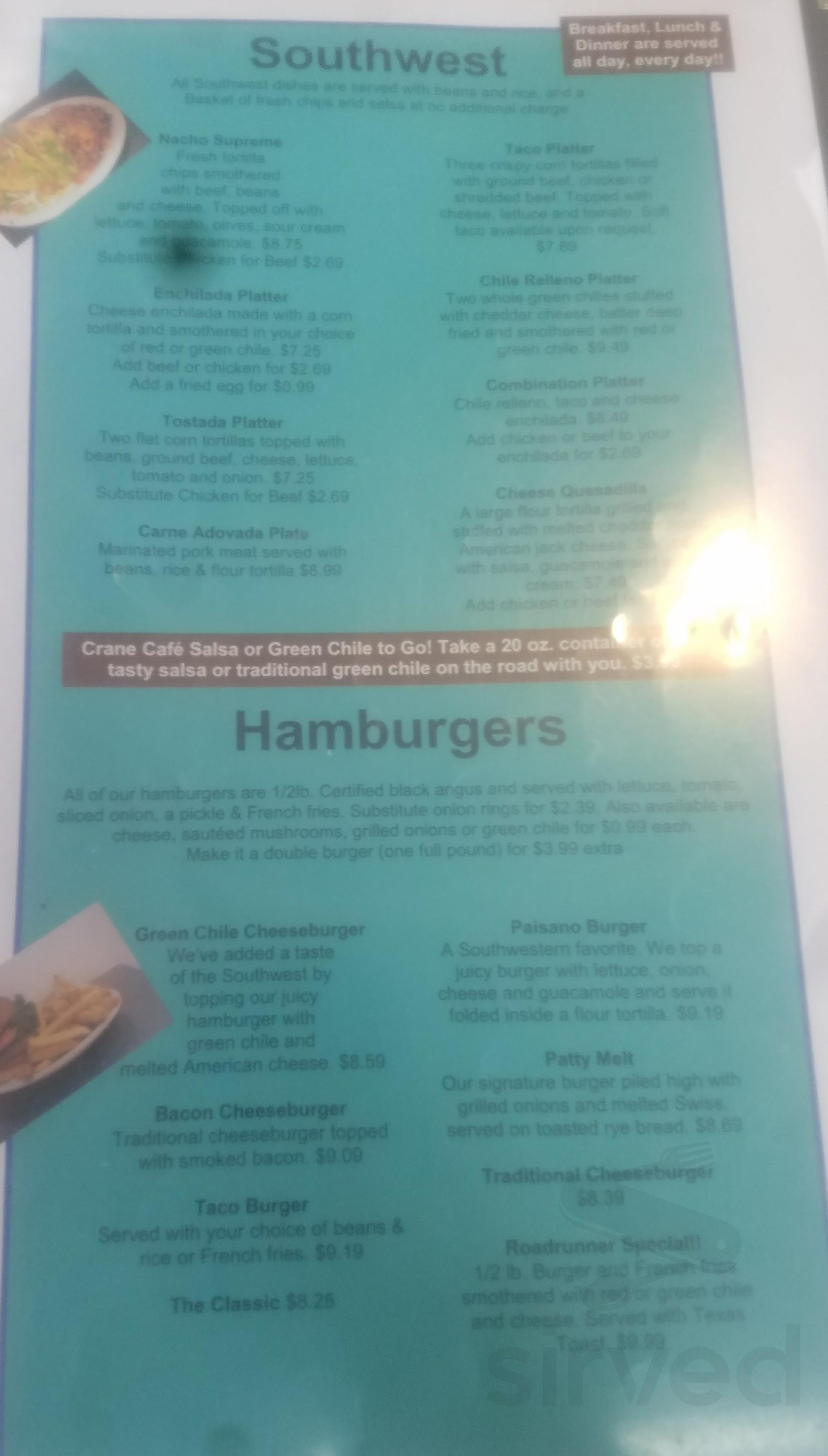 Crane Cafe menu in Lemitar, New Mexico, USA