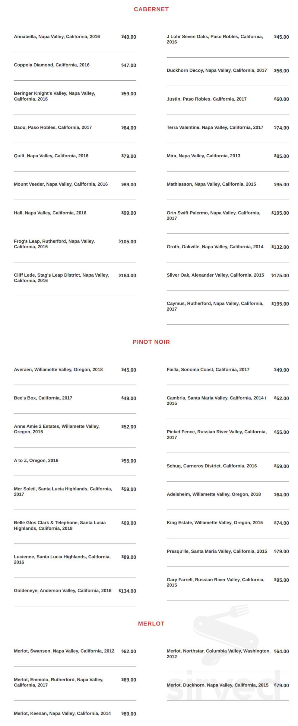 Vetro 1925 menu in Fayetteville, Arkansas, USA