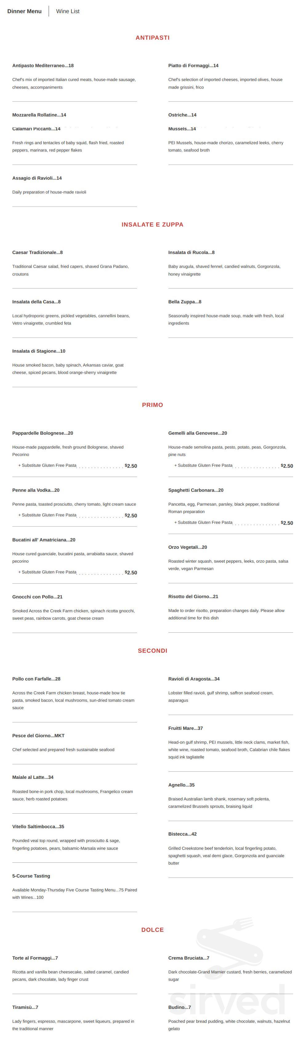 Vetro 1925 menu in Fayetteville, Arkansas, USA