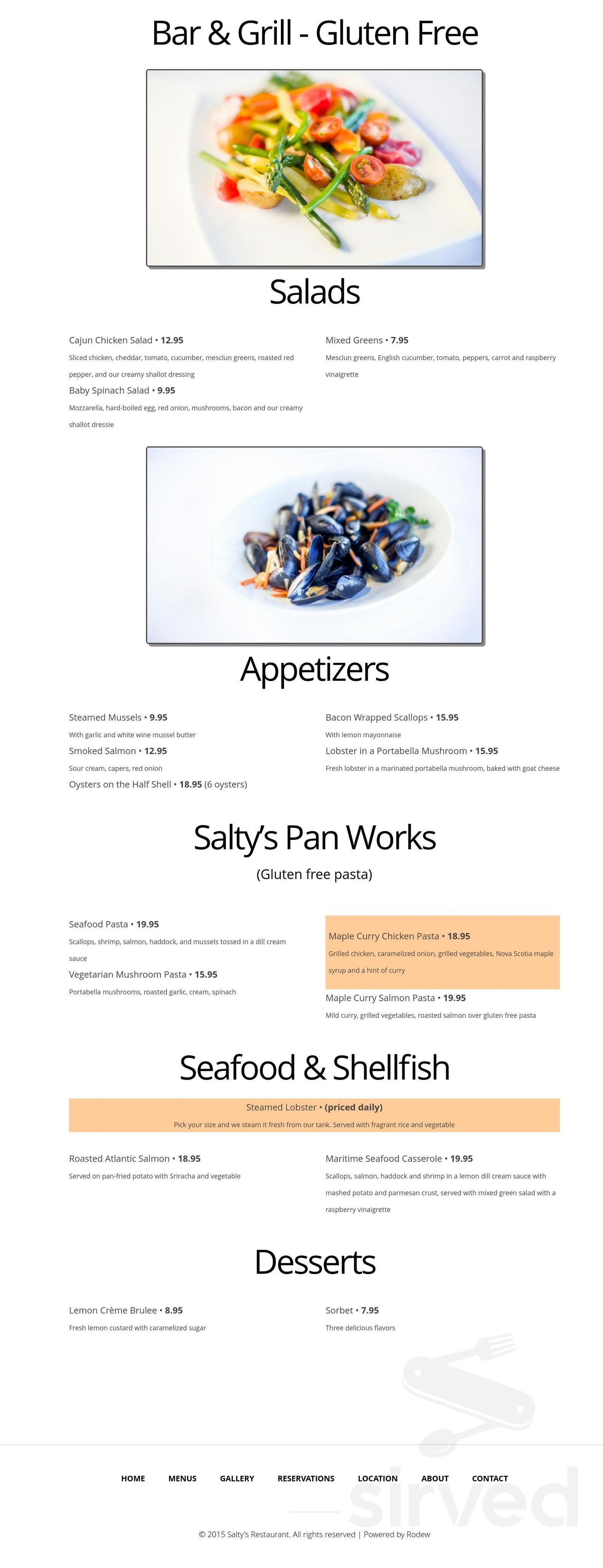 Menu for Salty's in Halifax, NS | Sirved