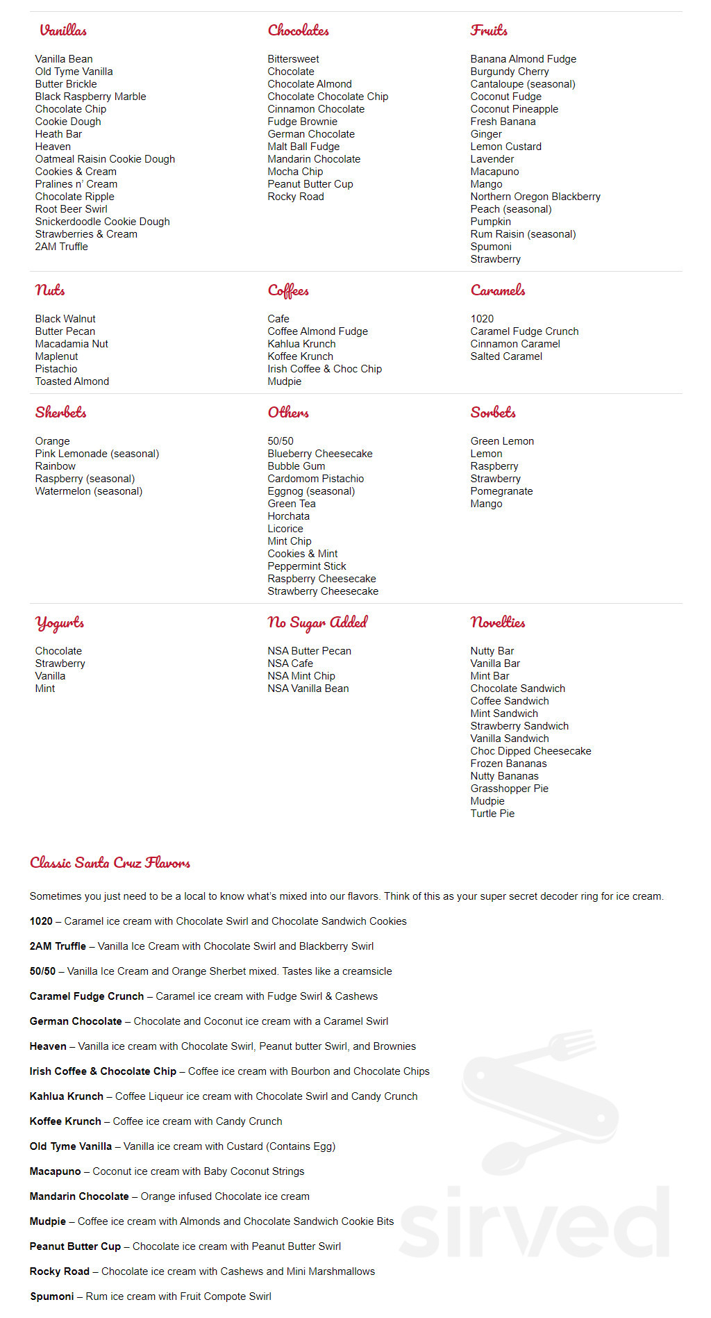 Menu - Aptos CA's Marianne’s Ice Cream | Sirved