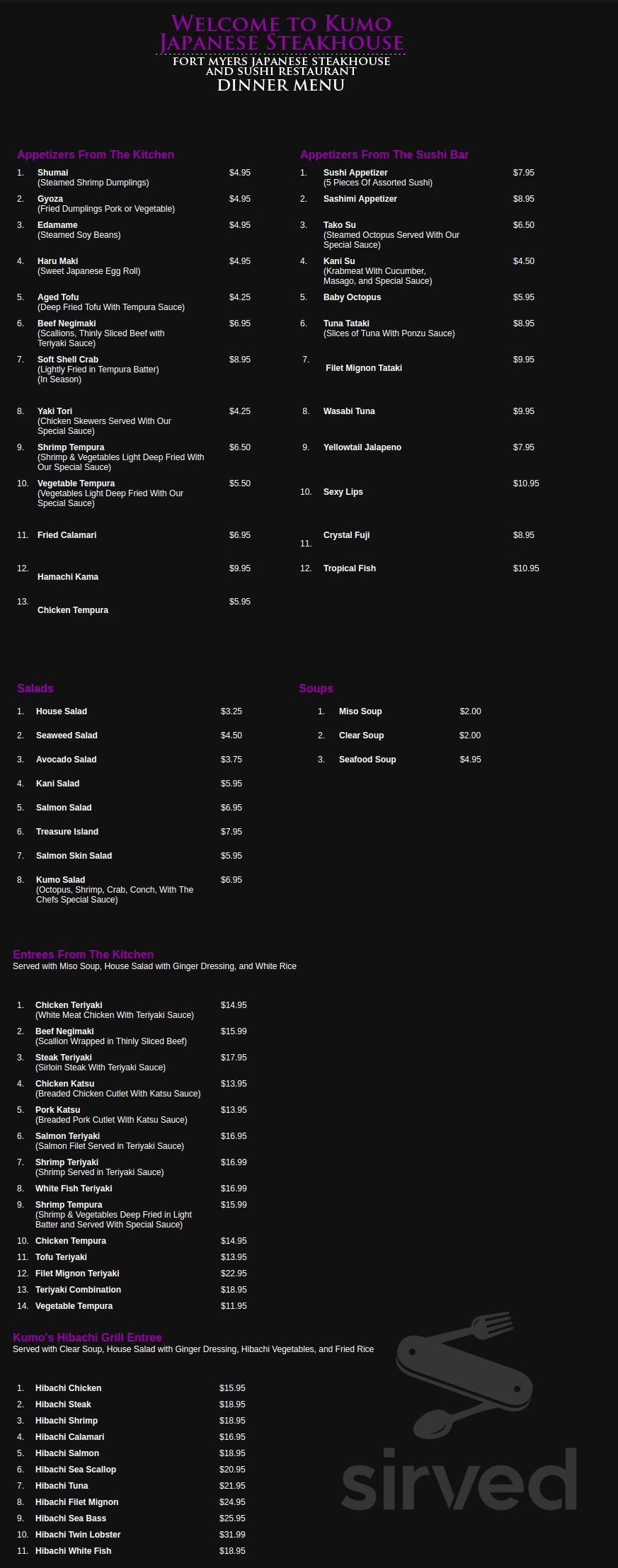 Kumo Japanese Steak House & Sushi menu in Fort Myers, Florida, USA