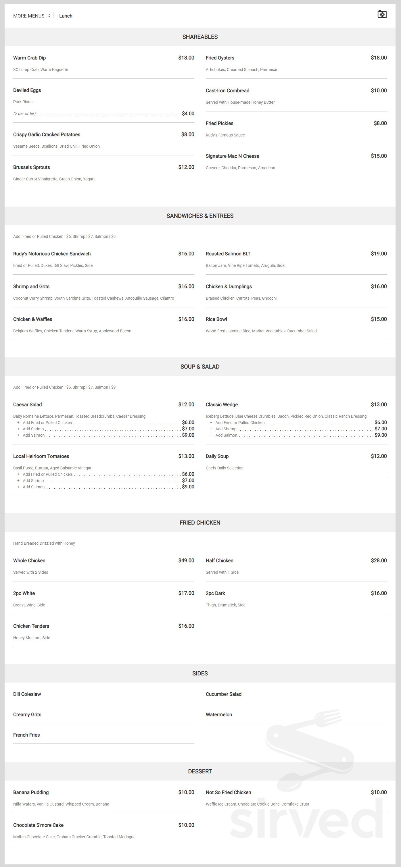 Rudy Royale menu in Charleston, South Carolina, USA