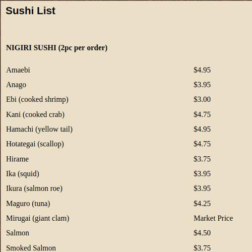 Yuki Japanese Restaurant menu in Fremont, California, USA