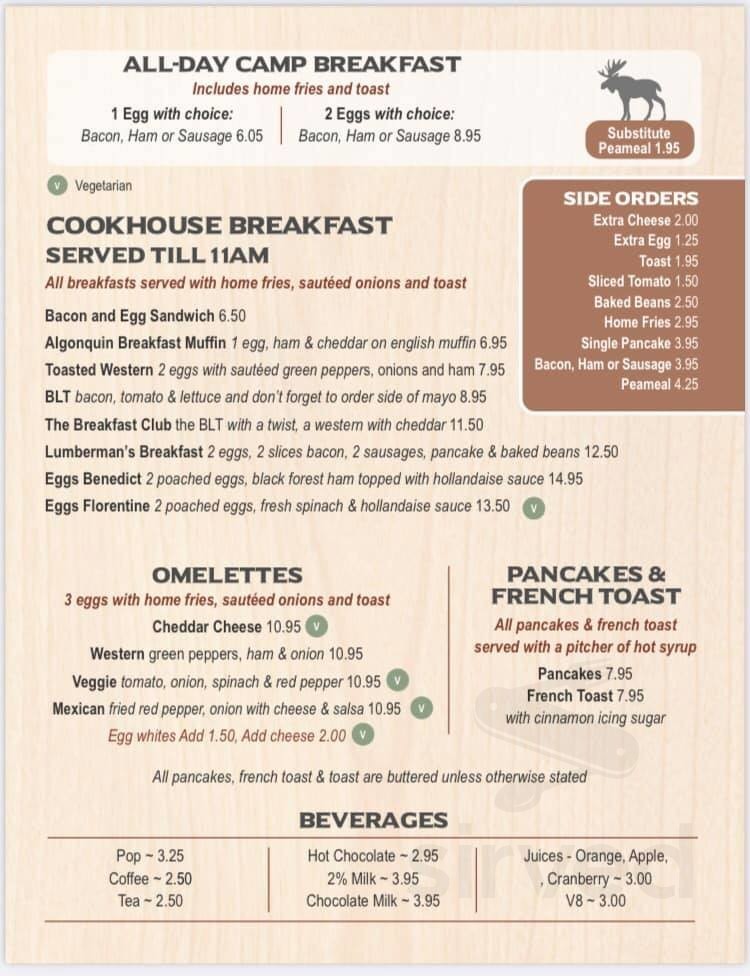 Menu for Algonquin Cookhouse in Harcourt, ON | Sirved