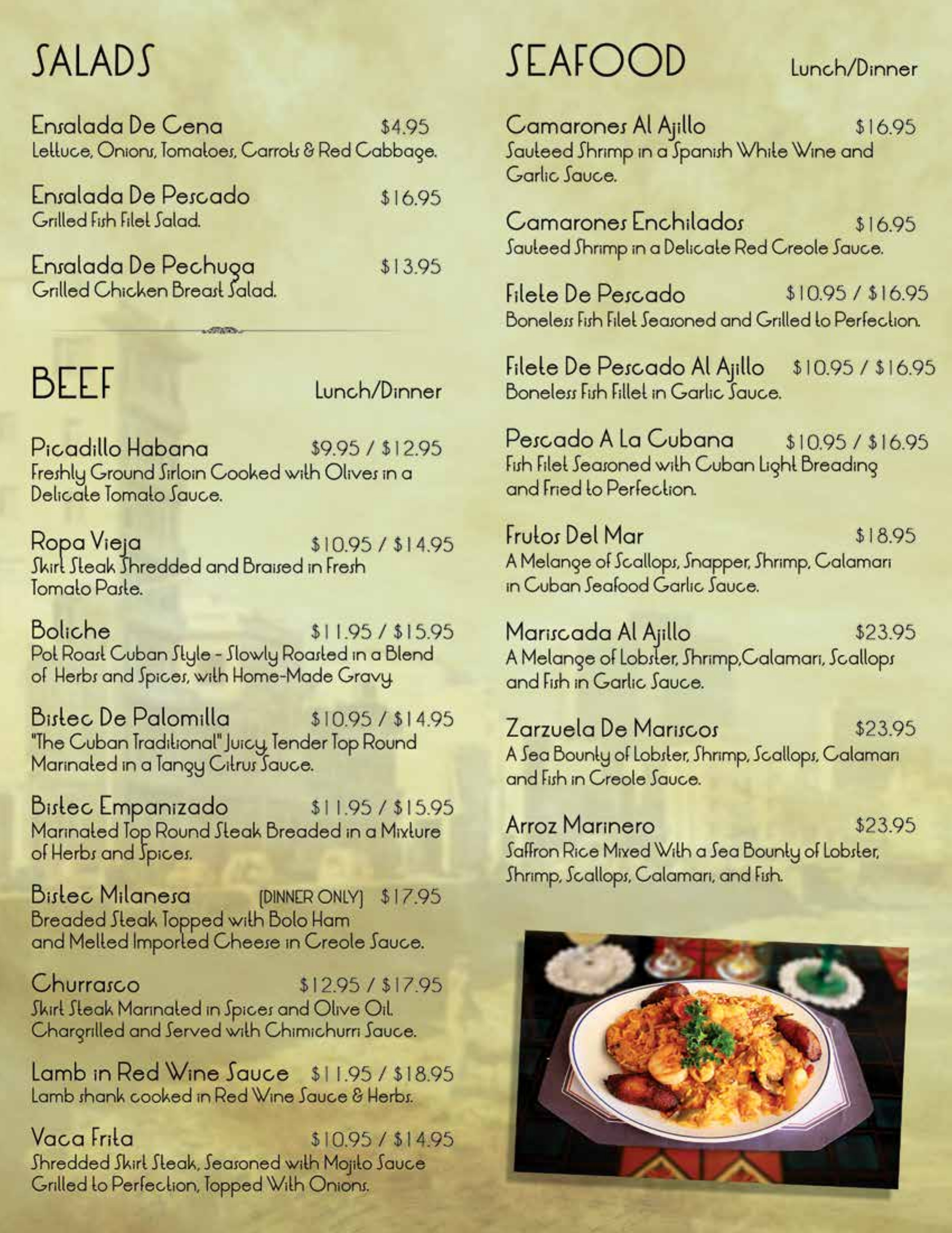 The Cuban Cafe Restaurant menu in Boca Raton, Florida, USA