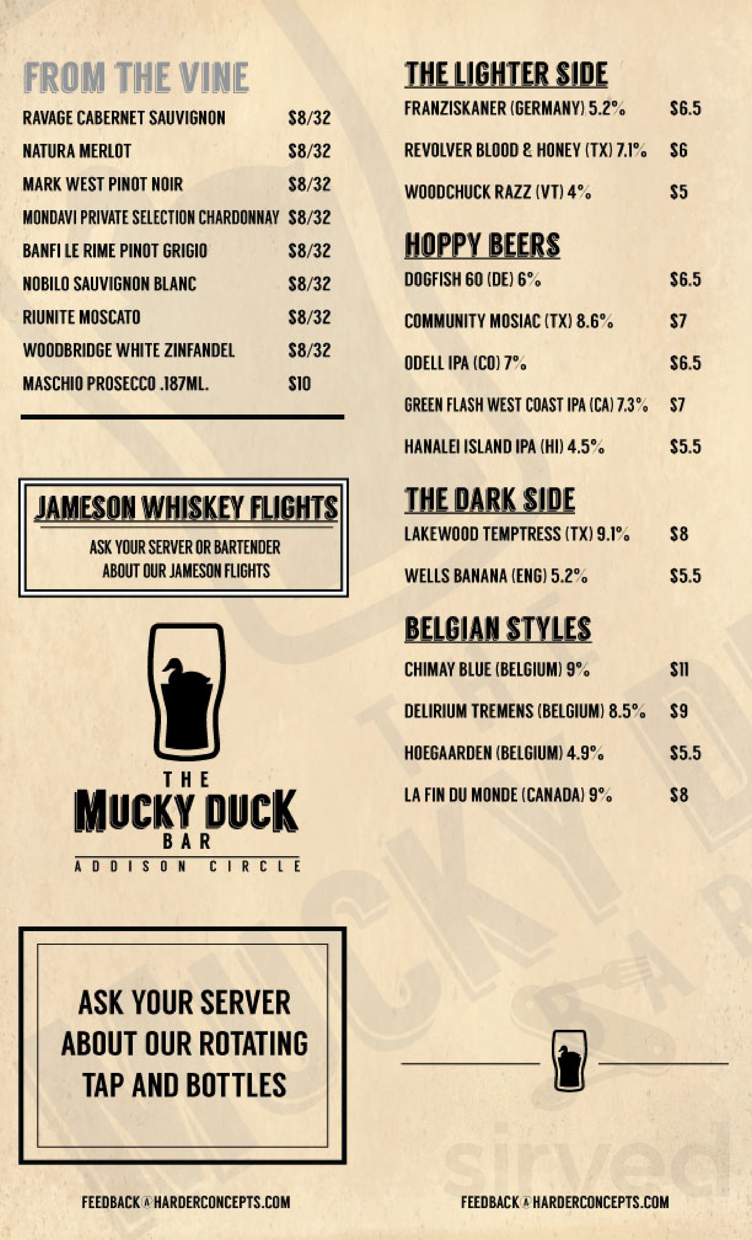 Menu - Addison TX's The Mucky Duck Bar | Sirved
