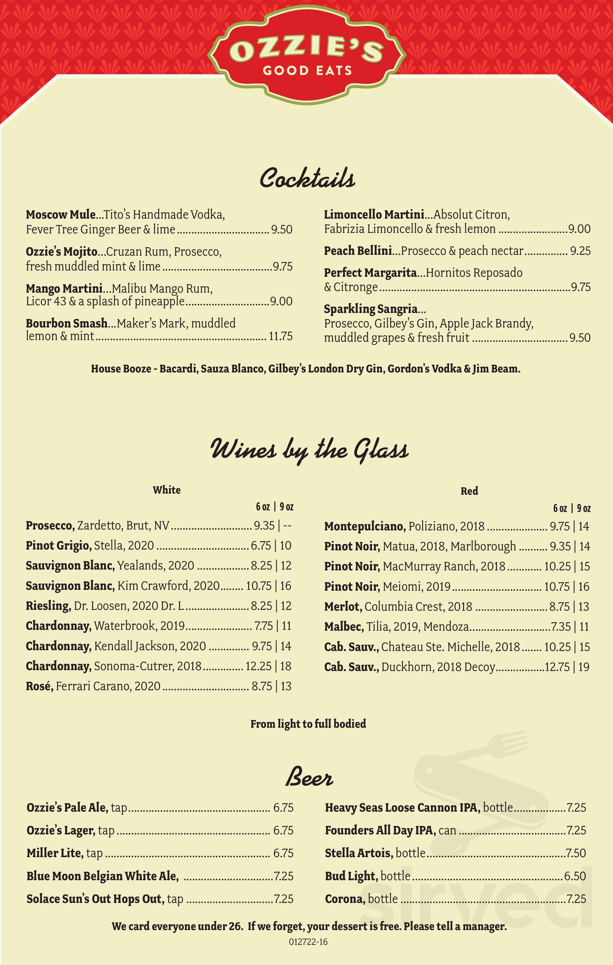 Ozzie's Good Eats menu in Fairfax, Virginia, USA