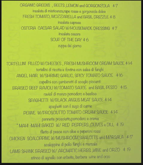 Menu for Osteria Maria in Front Royal, VA | Sirved