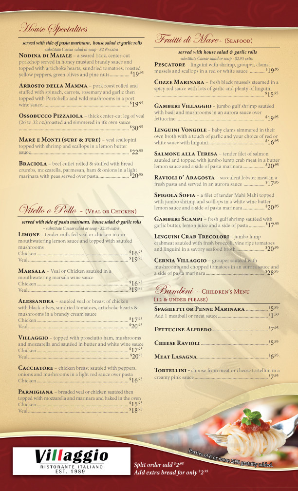 Villaggio's Ristorante Italiano menu in Lutz, Florida, USA