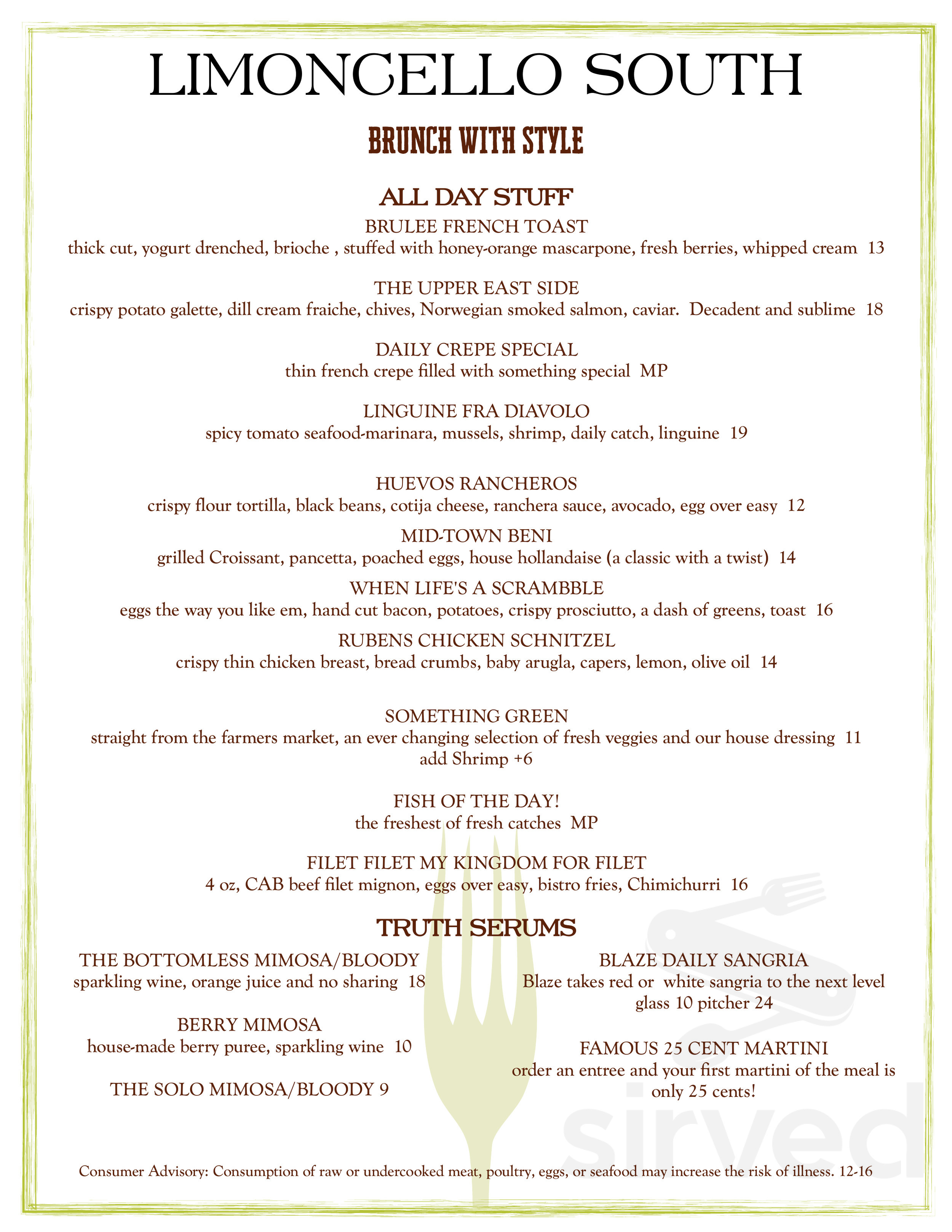Limoncello South menu in New Smyrna Beach, Florida, USA