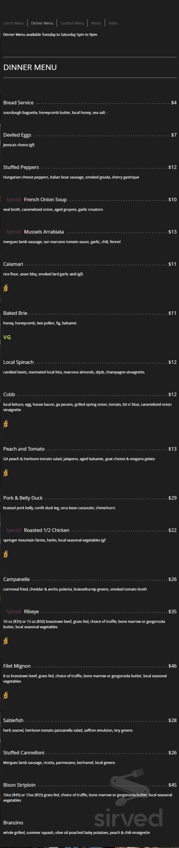 Menu - Winder GA's Bistro Off Broad | Sirved