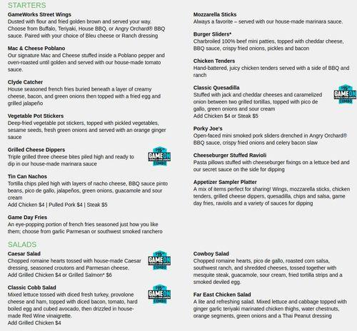 GameWorks Las Vegas at Town Square menu in Las Vegas, Nevada, USA