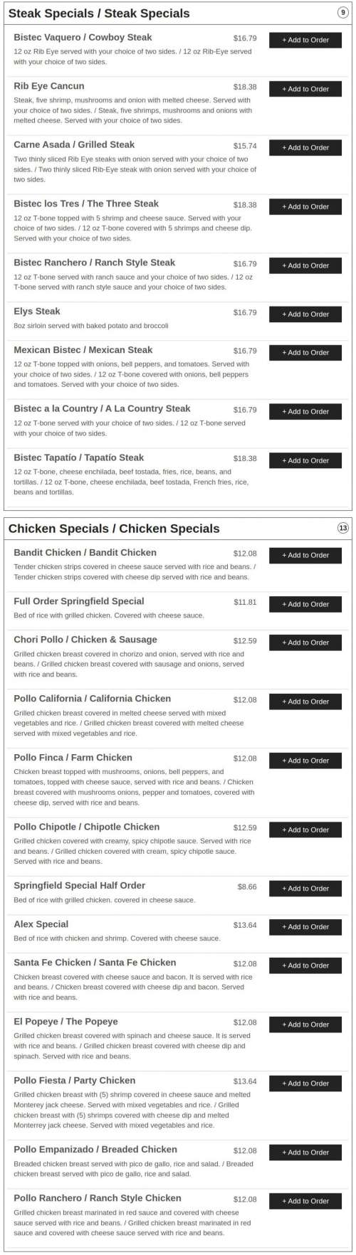 Los Tres Mexican Grill menu in Springfield, Kentucky, USA