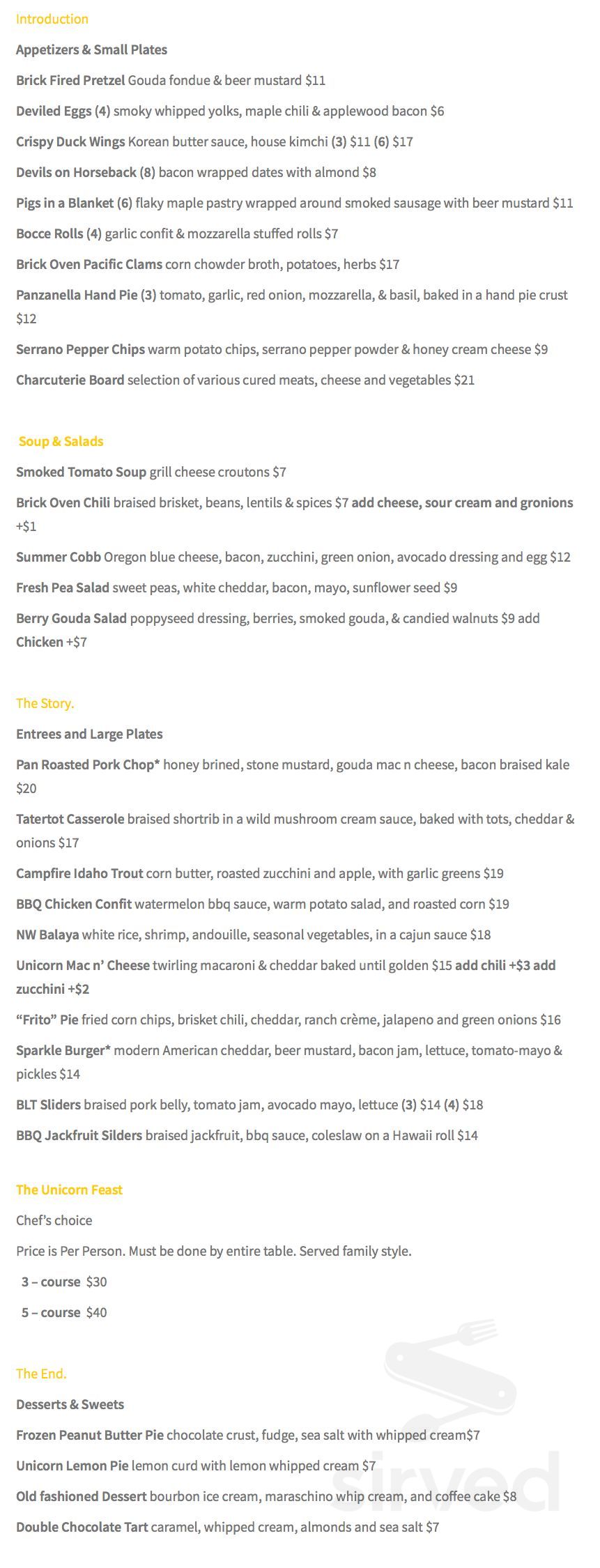 The Gilded Unicorn menu in Spokane, Washington, USA