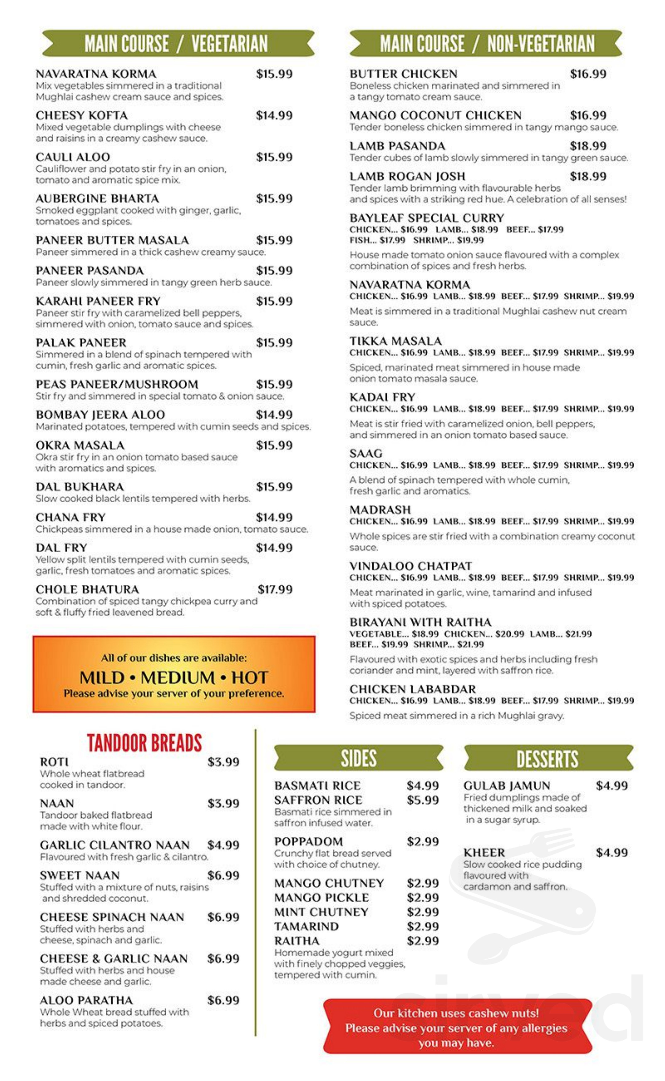 Menu - Cranbrook BC's Bay Leaf Indian Fusion | Sirved