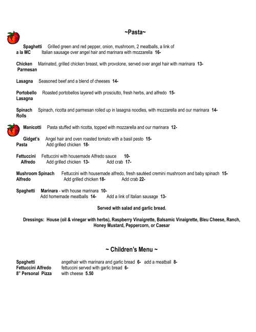 Gidget's Pizza & Pasta menu in Avon, North Carolina, USA