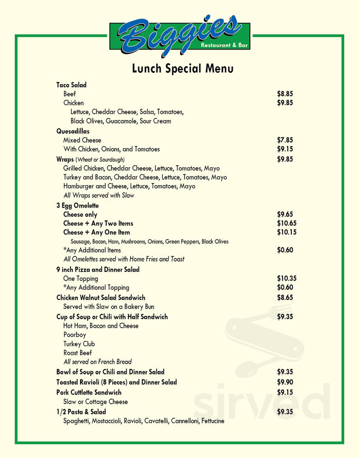 Menu for Biggie's Restaurant in St. Louis, MO | Sirved