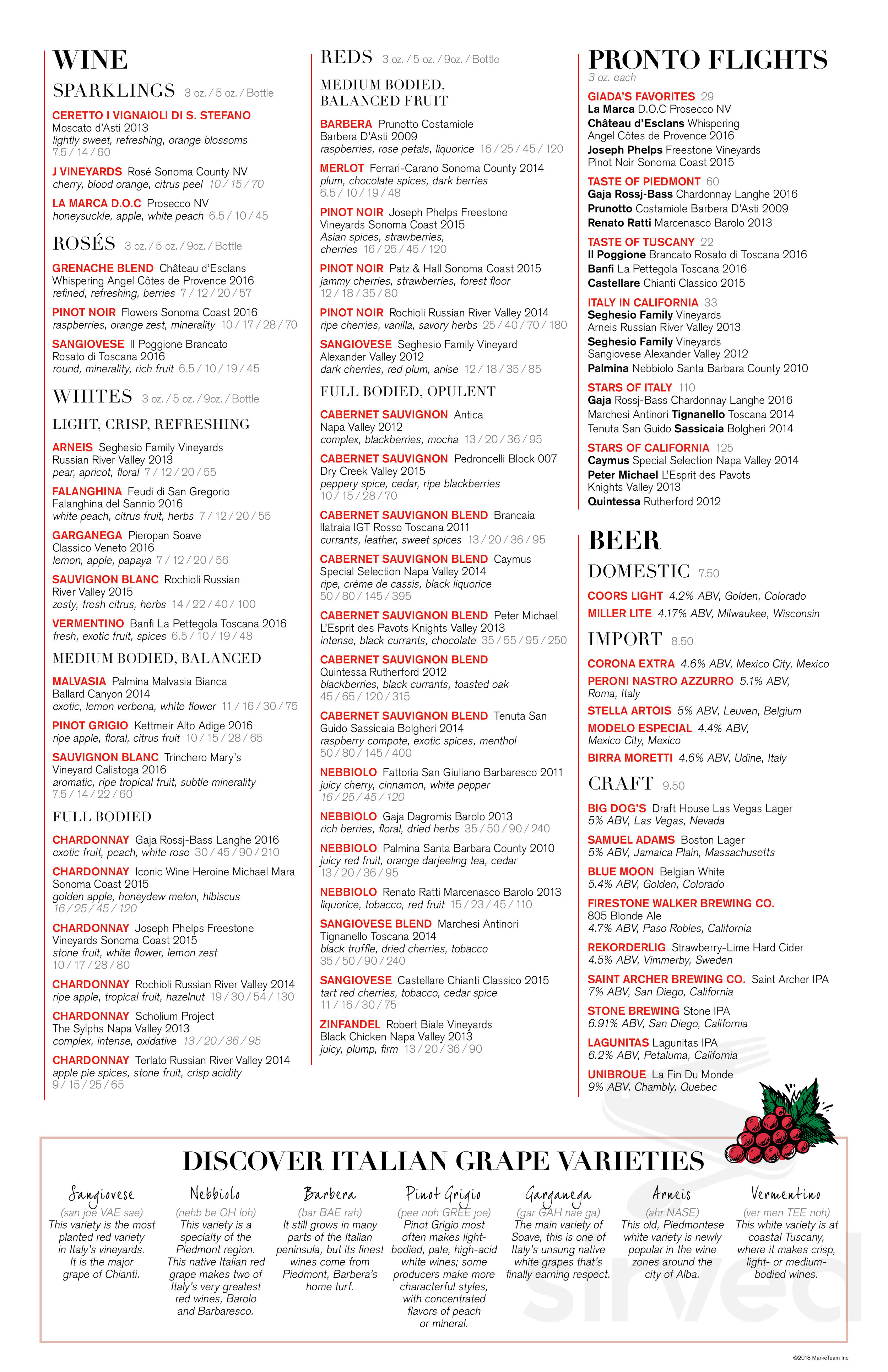 Pronto by Giada menu in Las Vegas, Nevada, USA