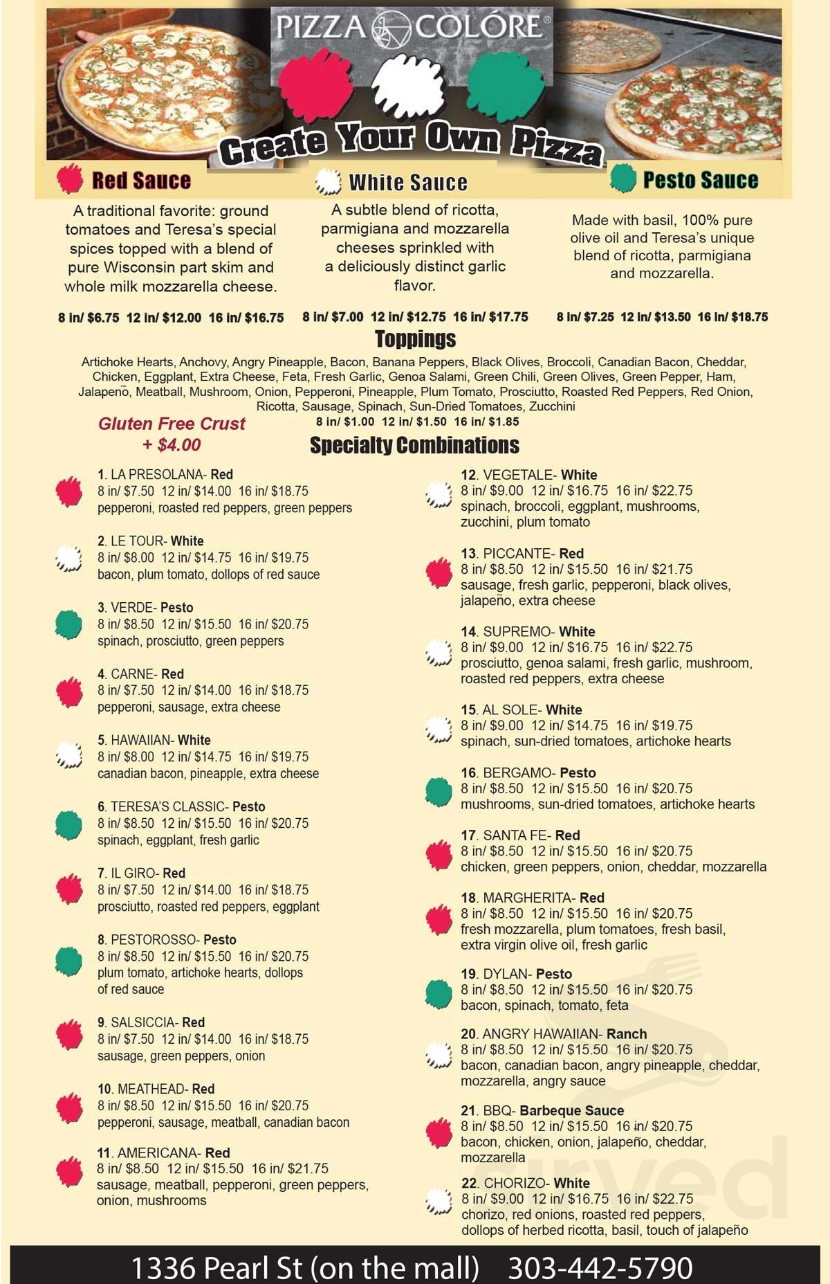 Pizza Colore menu in Boulder, Colorado, USA