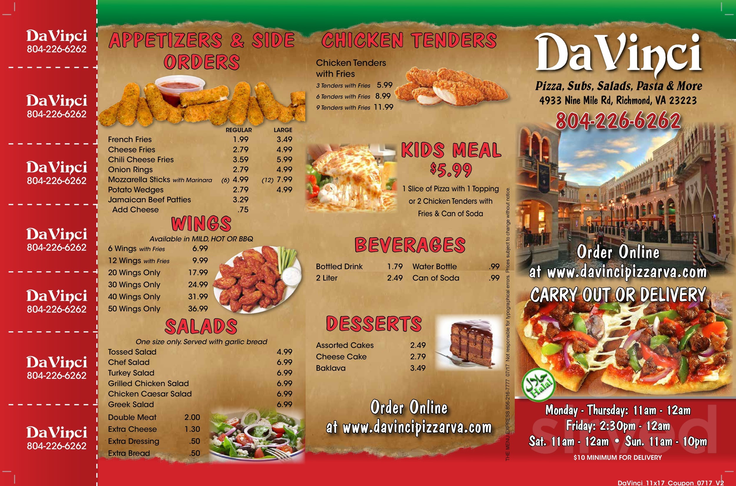 DaVinci menu in Richmond, Virginia, USA