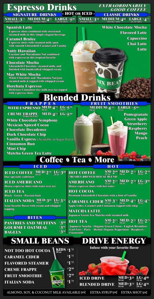 Six Beans Coffee menu in Hesperia, California, USA