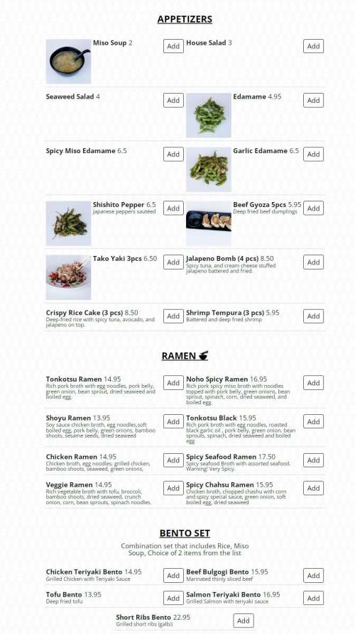 Noho Ramen menu in North Hollywood, California, USA