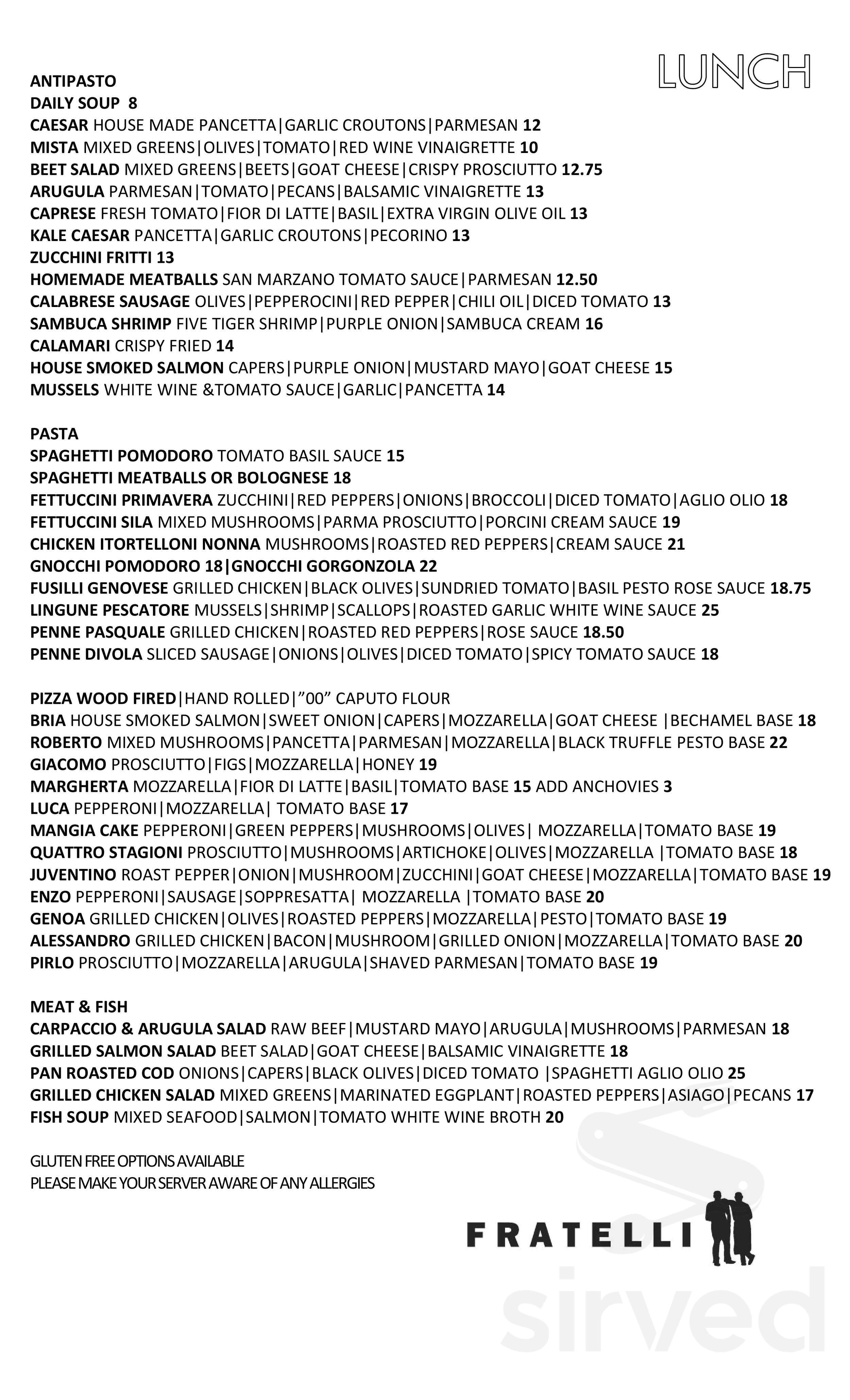 Menu for Fratelli Westboro in Ottawa, ON | Sirved