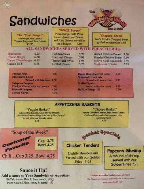 Wishing Well menu in Appleton, Wisconsin, USA