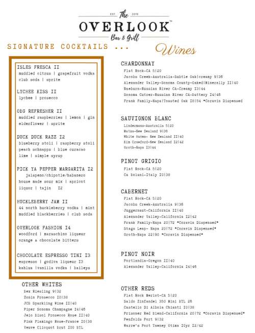 Overlook Bar And Grill menu in Naples, Florida, USA