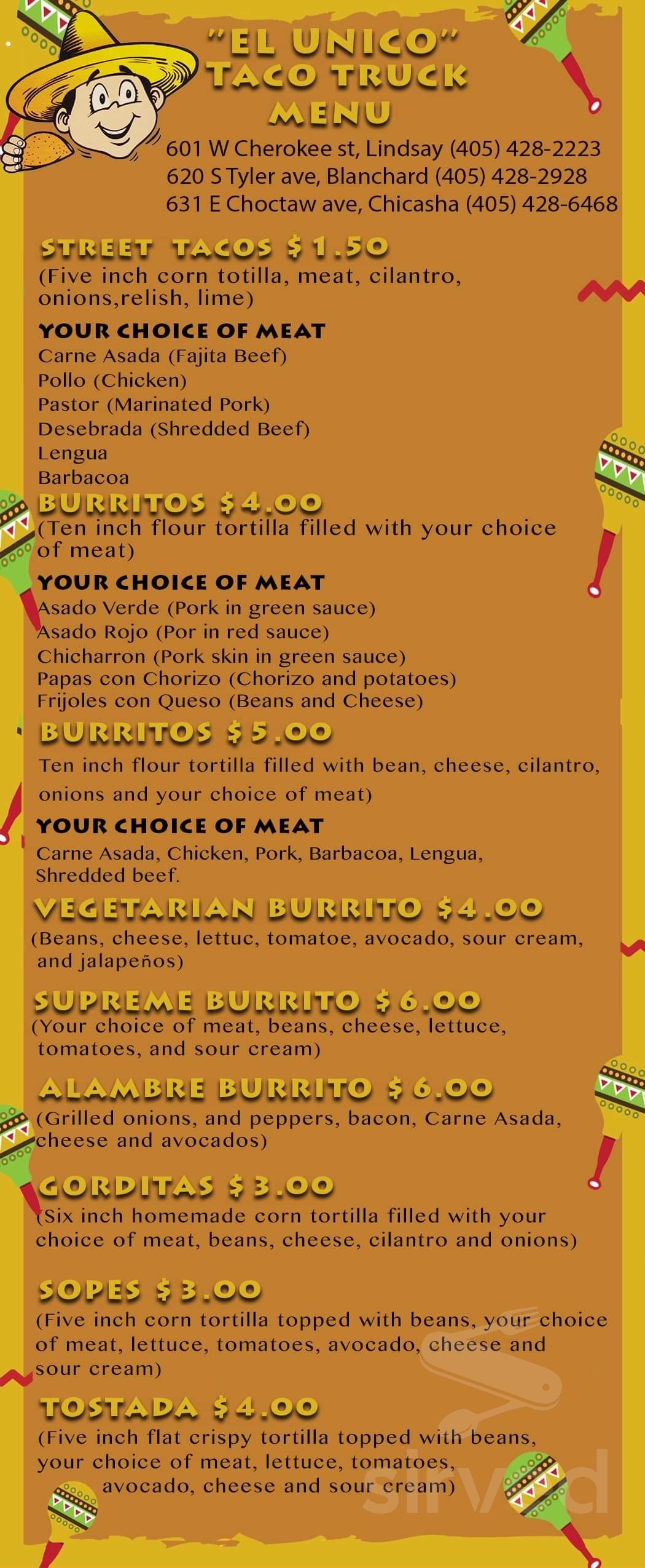 Tacos el único taco truck menu in Lindsay, Oklahoma, USA