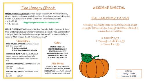Blue Ghost Brewing Company menu in Fletcher, North Carolina, USA