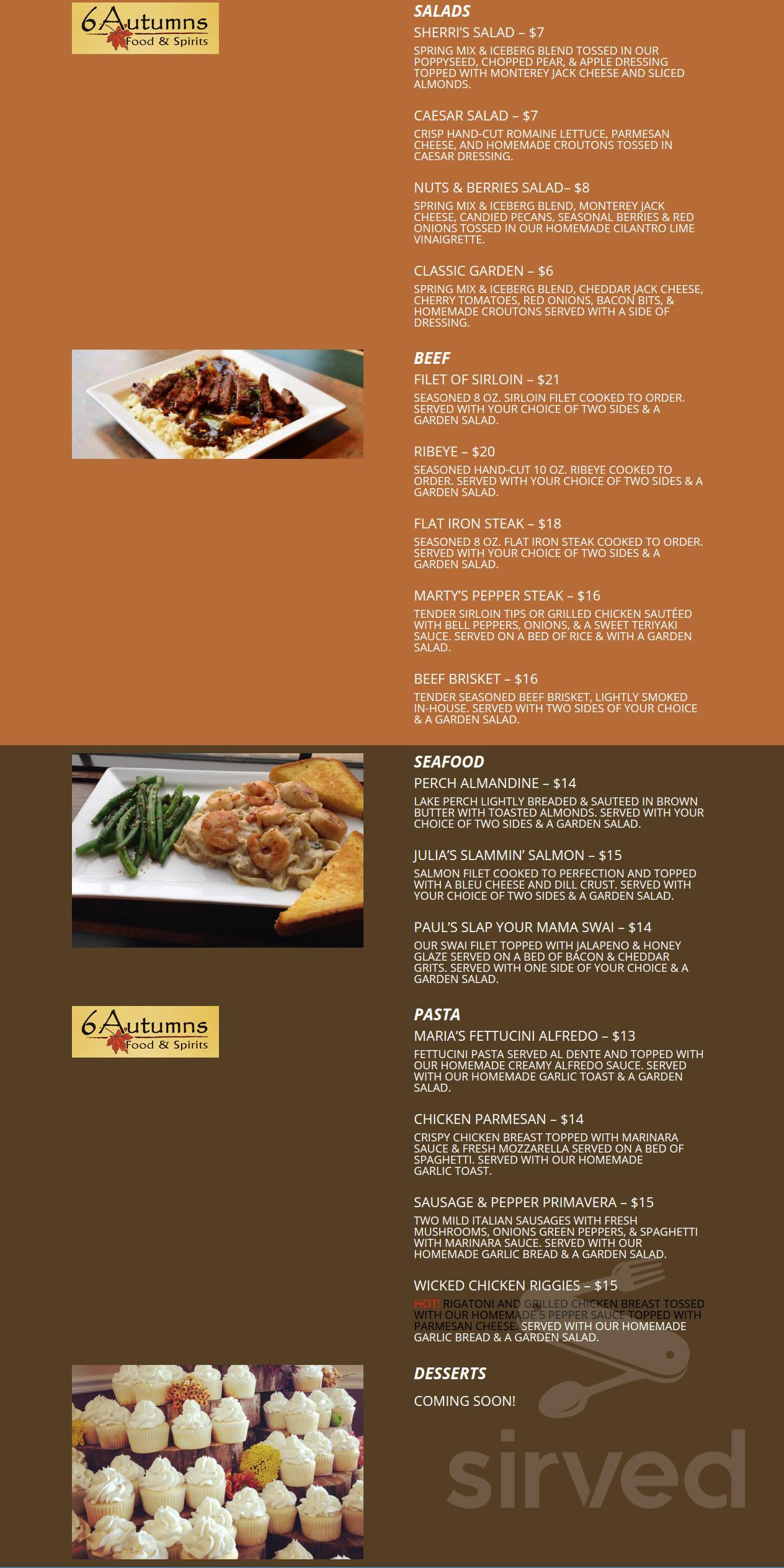 6 Autumns Food & Spirits menu in Angola, Indiana, USA