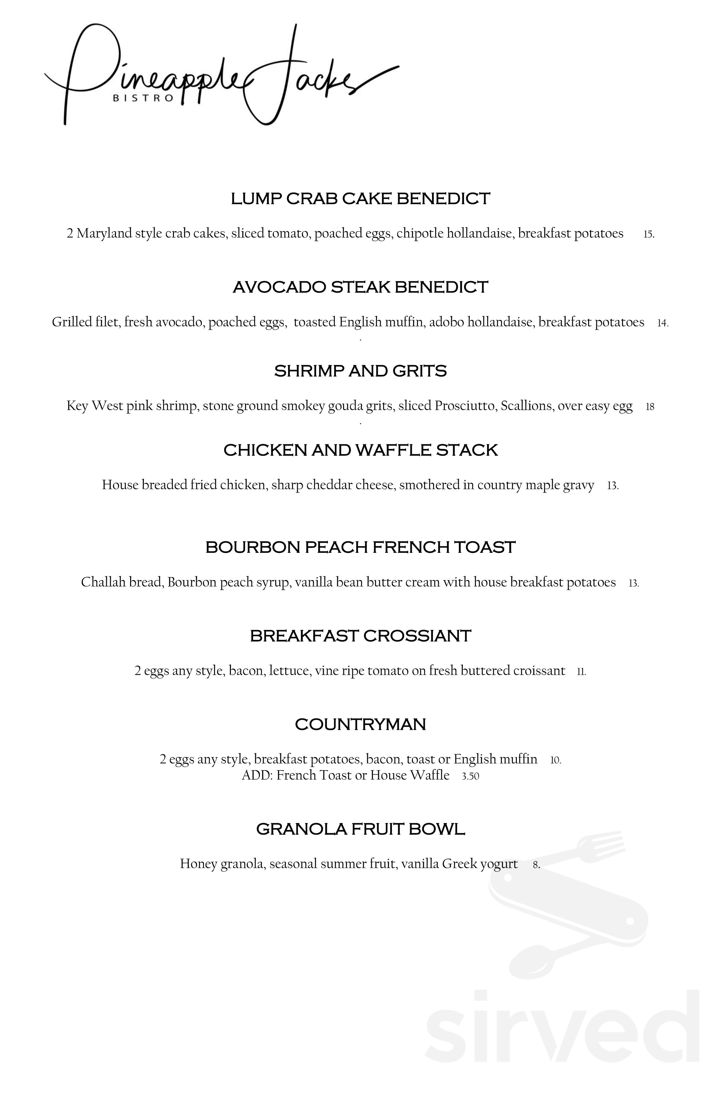 Pineapple Jacks Bistro menu in Jensen Beach, Florida, USA