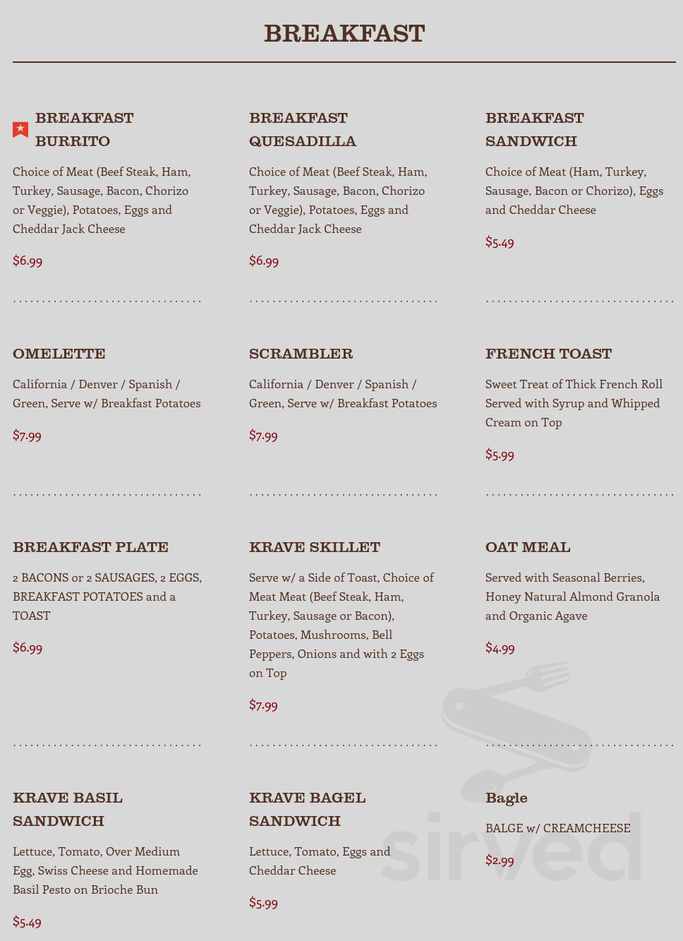 The Cafe Krave menu in Anaheim, California, USA