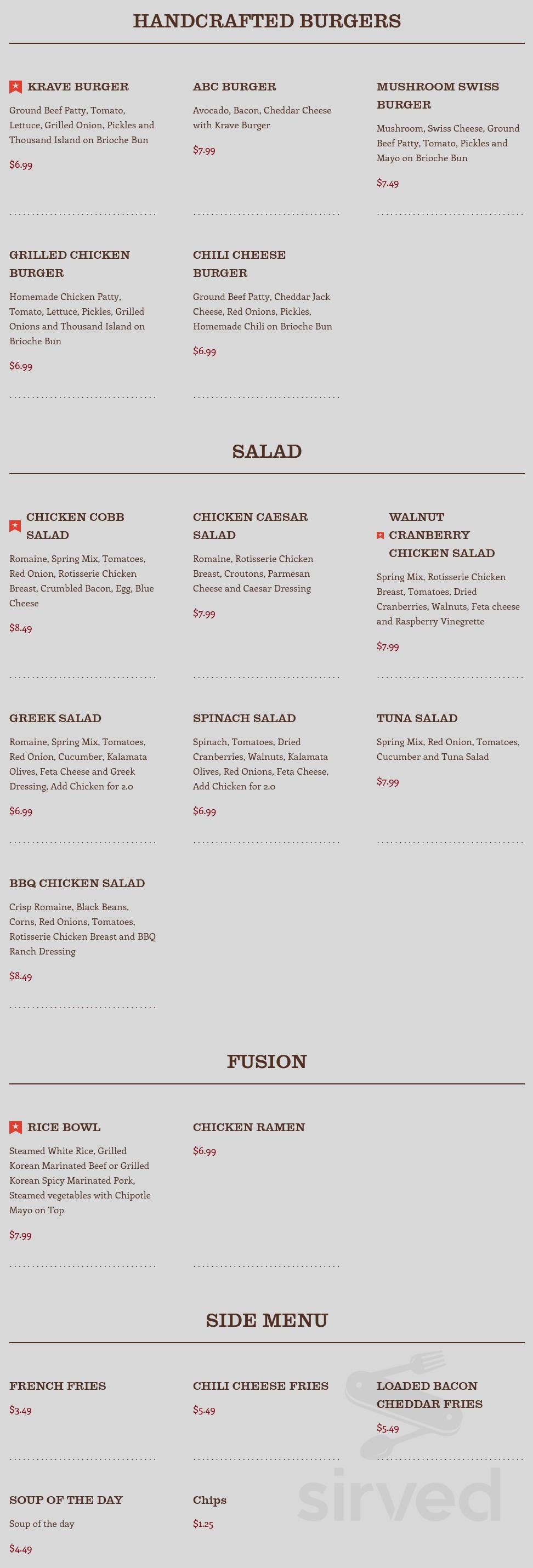 The Cafe Krave menu in Anaheim, California, USA