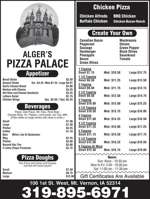 Algers Pizza Palace menu in Mt Vernon, Iowa, USA