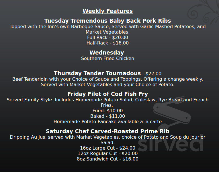 Max Meier's Hartland Inn menu in Hartland, Wisconsin, USA