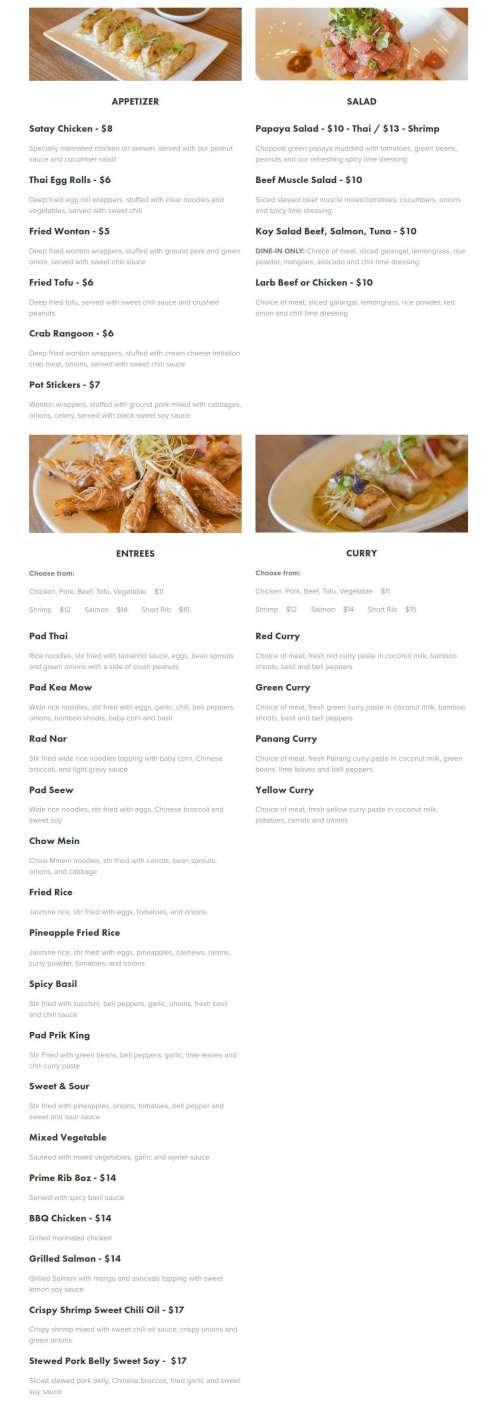 Praya Thai Dining menu in Las Vegas, Nevada, USA