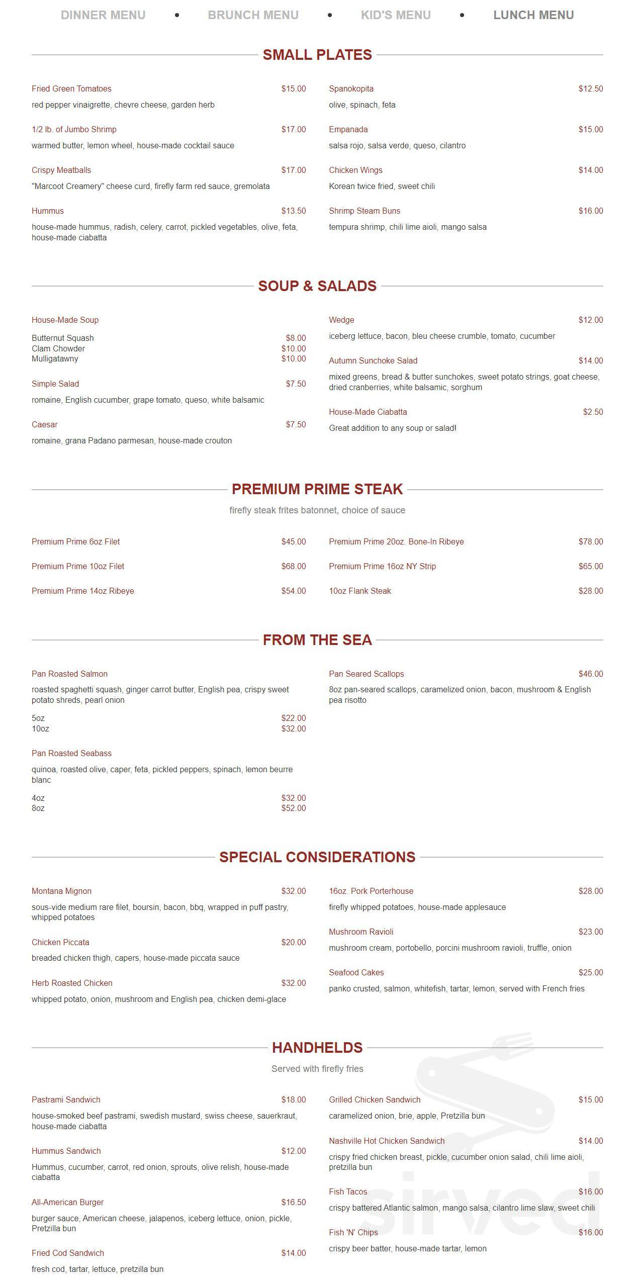 Firefly Grill menu in Effingham, Illinois, USA
