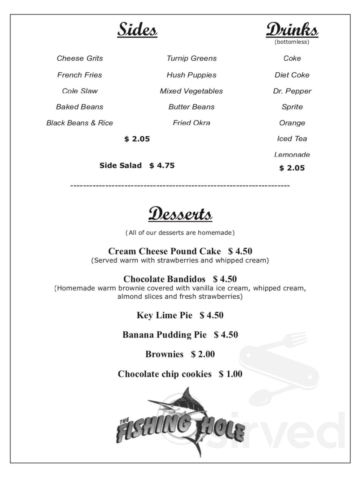 The Fishing Hole Pensacola Restaurant menu in Pensacola, Florida, USA