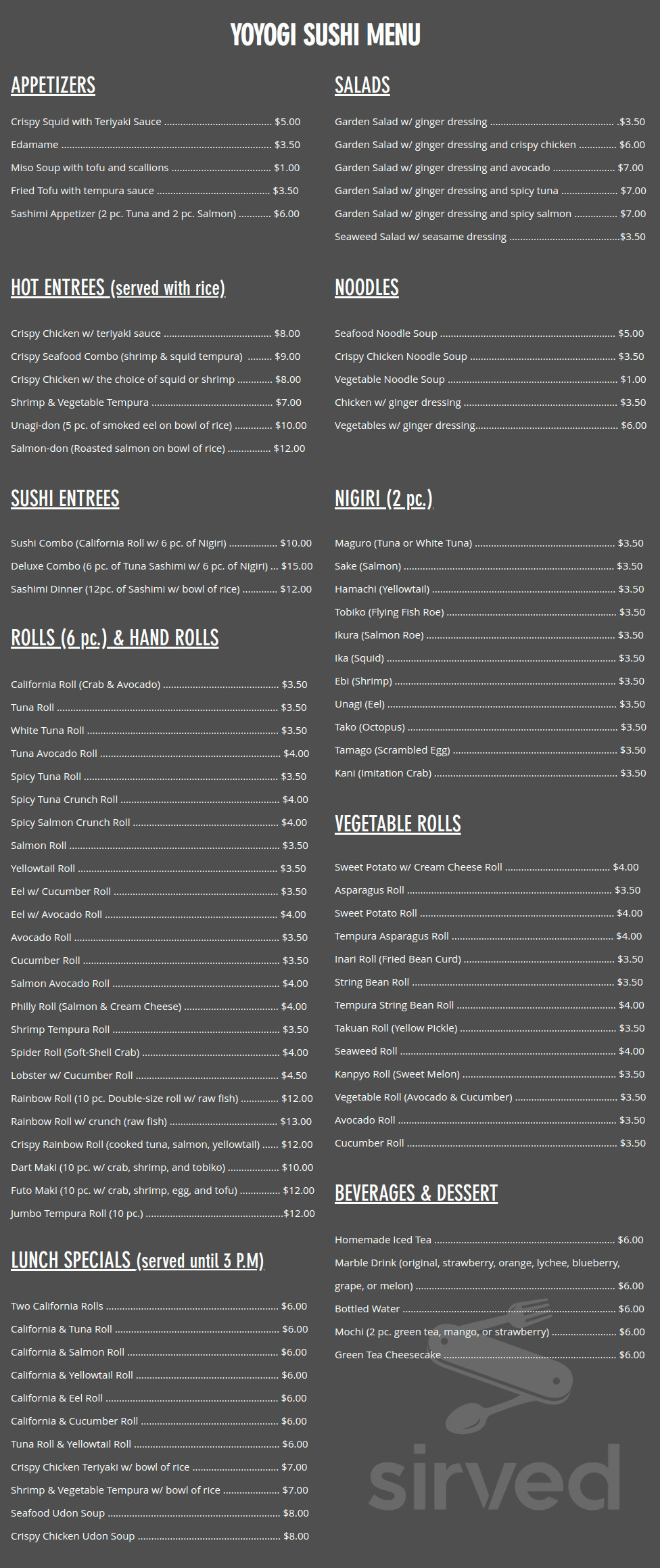 Menu for Yoyogi Sushi in Gaithersburg, MD | Sirved