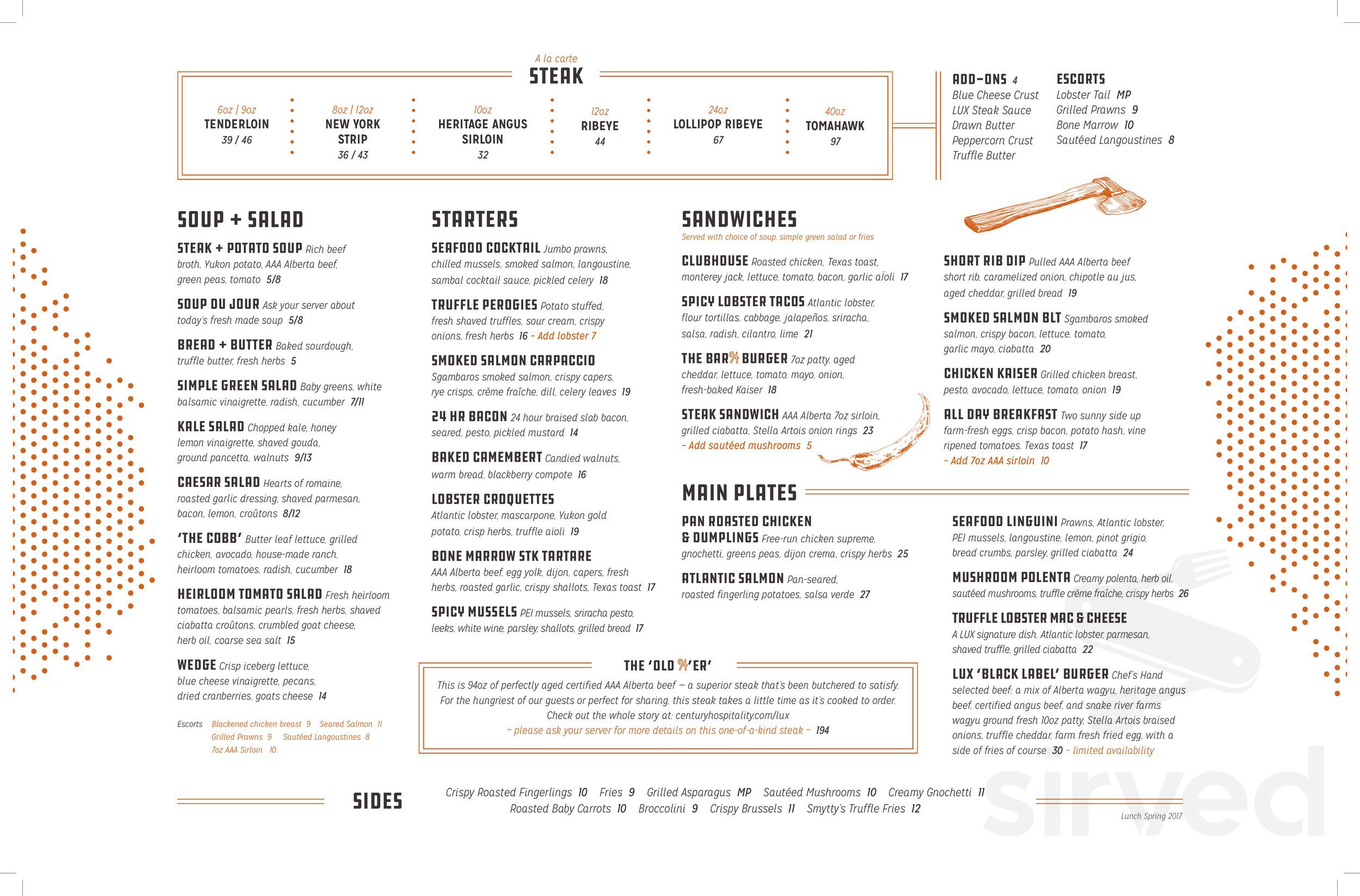 LUX Steakhouse & Bar 94 menu in Edmonton, Alberta, Canada